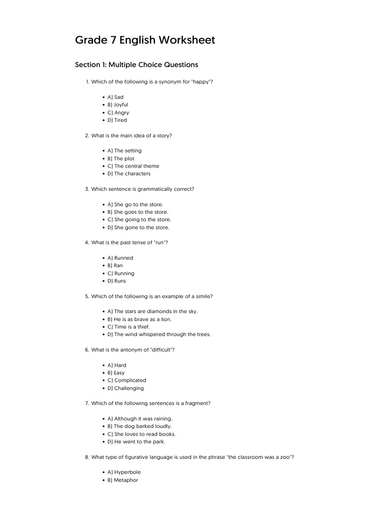 Grade 7 English Language Skills Worksheet | PDF | Sentence (Linguistics ...