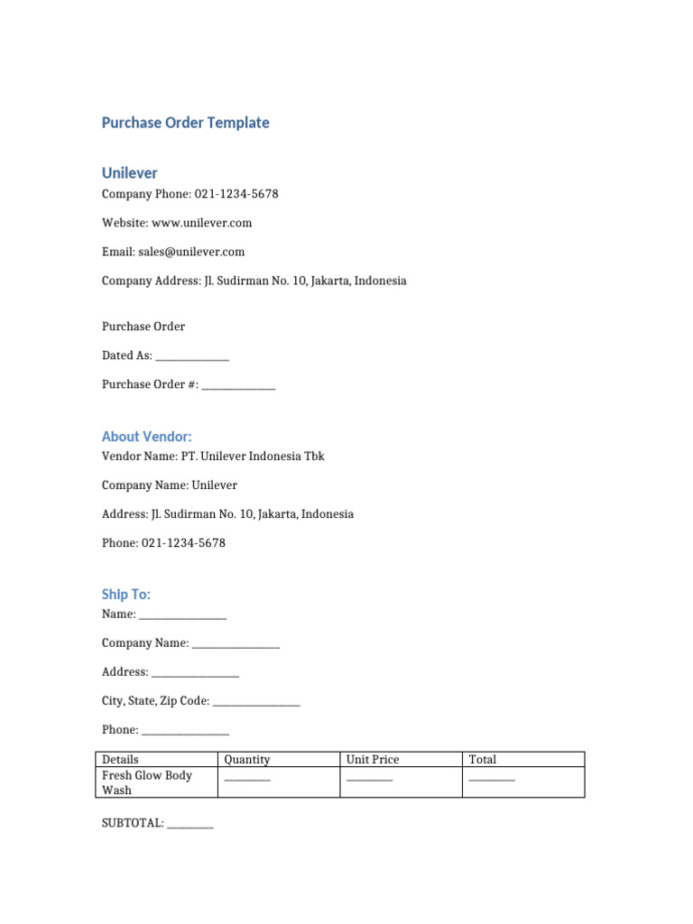 Purchase Order Unilever | PDF