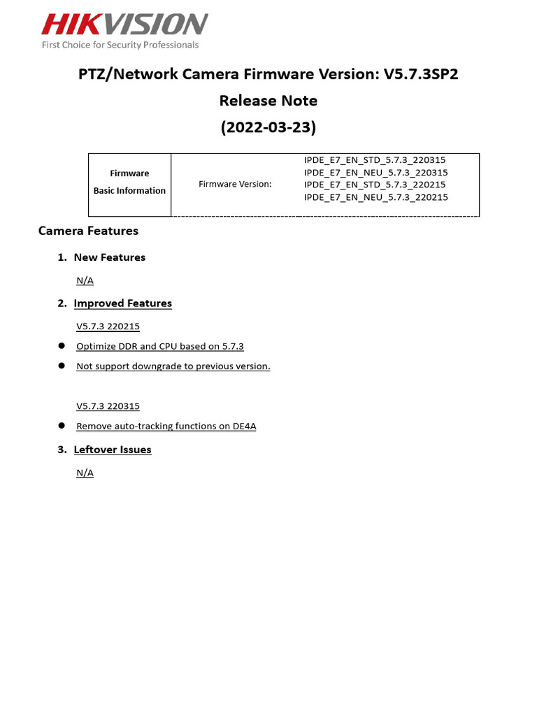 PTZ Camera 5.7.3SP2 Release Note - E7 | PDF | Computing | Software
