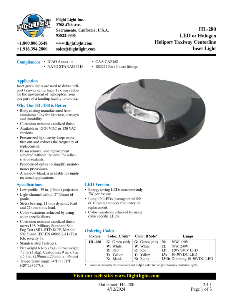 HL 280 Heliport Taxiway Centerline Inset Light | PDF | Light Emitting ...