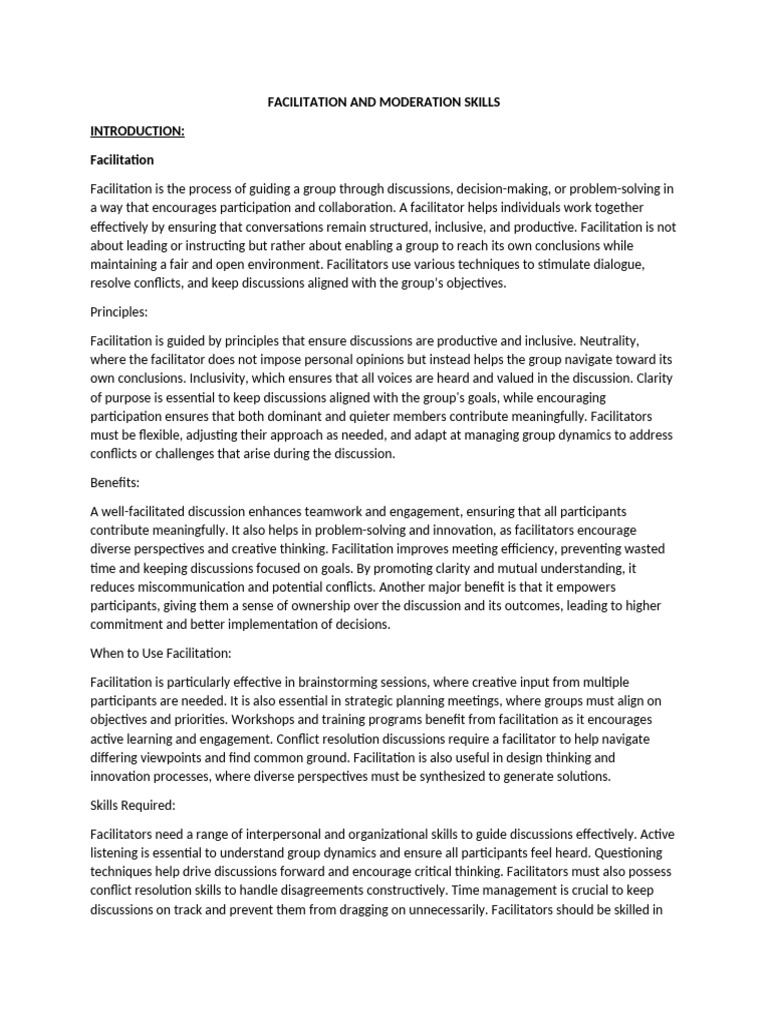 Facilitation and Moderation Skills Guide | PDF | Facilitator | Conflict ...