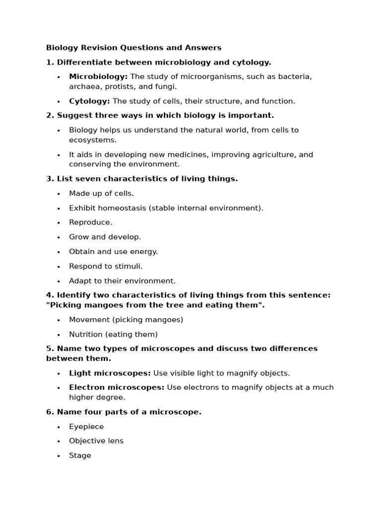 Biology Revision Questions and Answers | PDF | Cell (Biology) | Biology