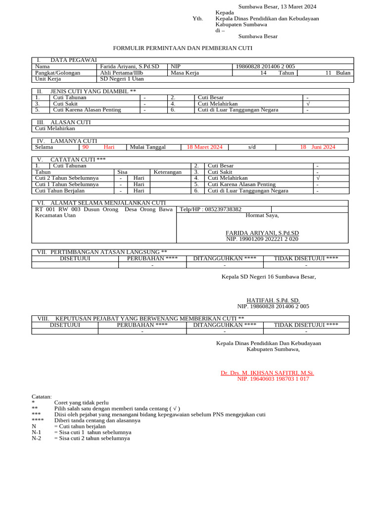 Surat Cuti Melahirkan Farida | PDF