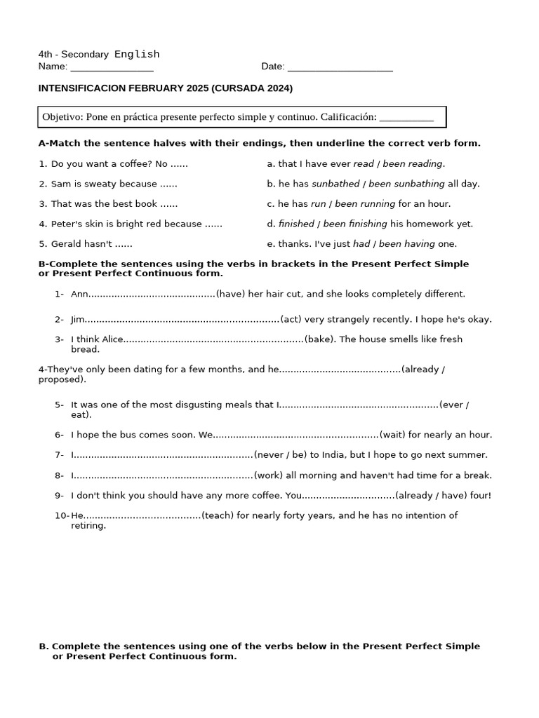 Homework Present Perfect Simple Vs Continuous | PDF | Semantic Units ...