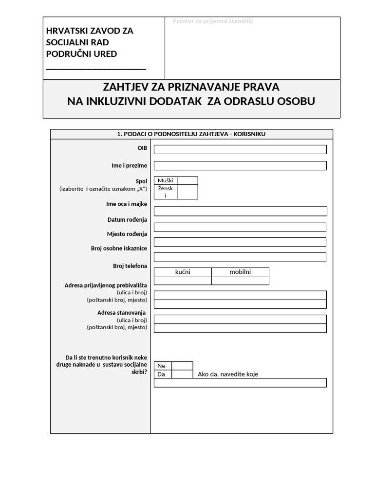 Zahtjev Za Priznavanje Prava Na Inkluzivni Dodatak | PDF