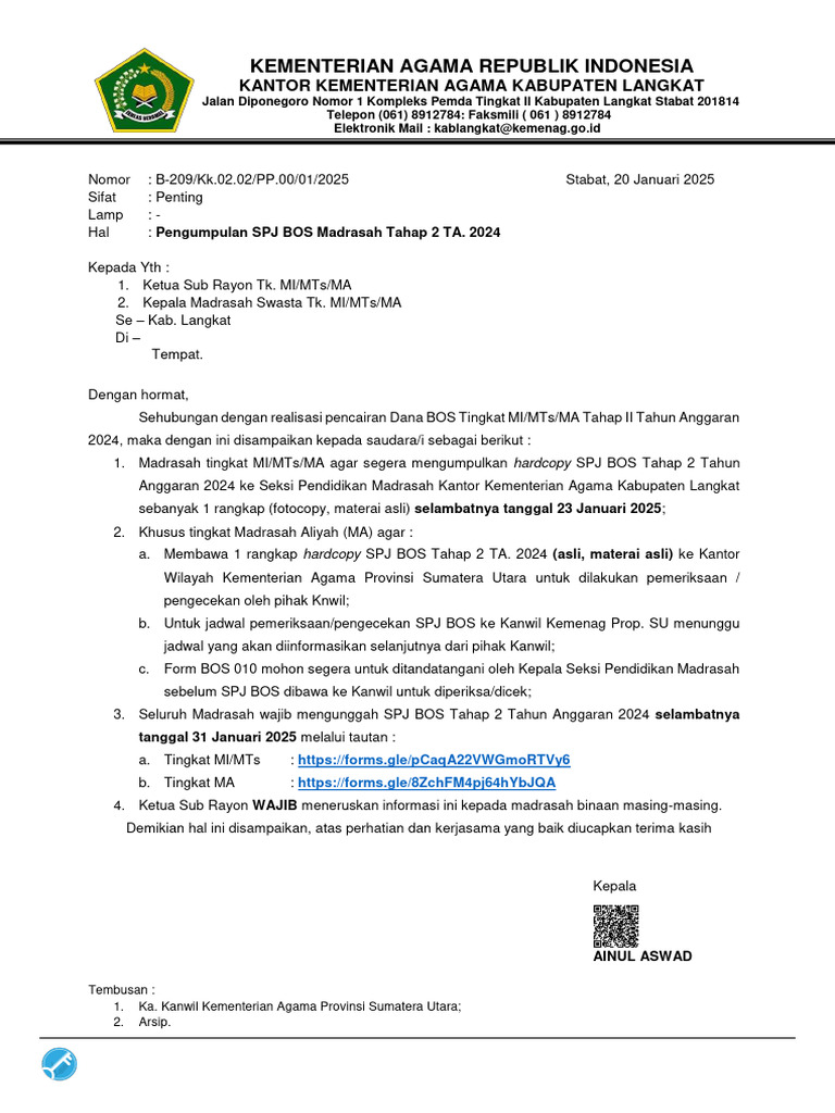 Surat Pengumpulan SPJ Bos Madrasah Tahap 2 Ta. 2024 | PDF