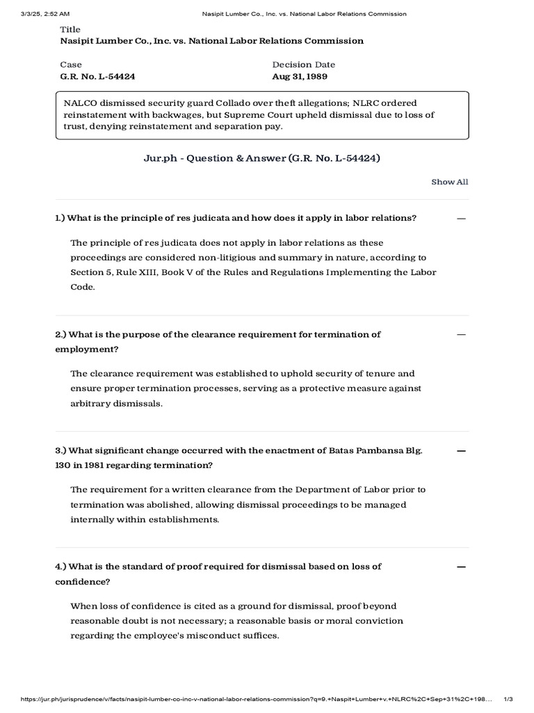 Nasipit Lumber Co., Inc. vs. National Labor Relations Commission QA | PDF | Supreme Court Of The ...