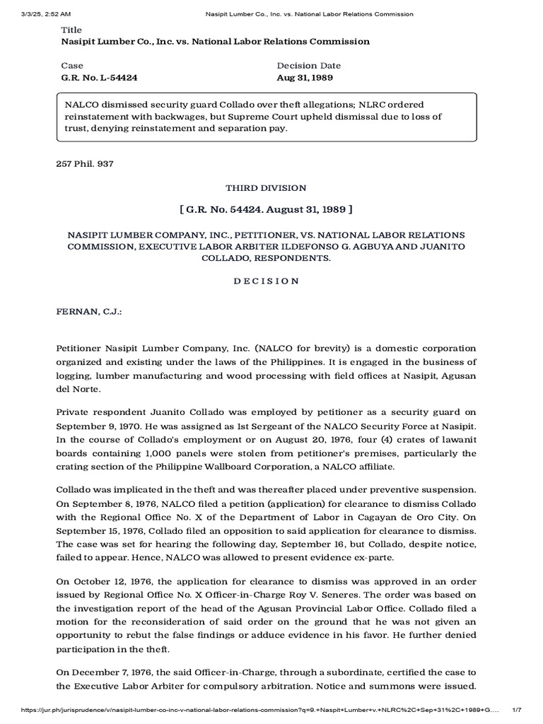 Nasipit Lumber Co., Inc. vs. National Labor Relations Commission FT | PDF | Lawsuit | Res Judicata