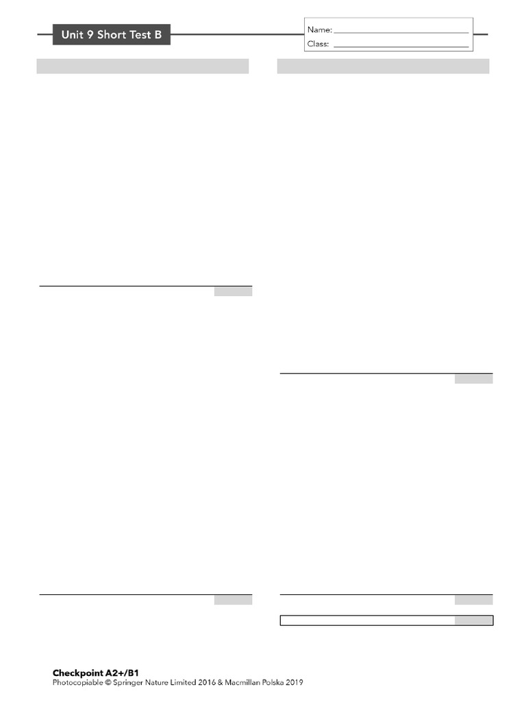 Checkpoint A2+ B1 Unit 9 Short Test B | PDF | Linguistics