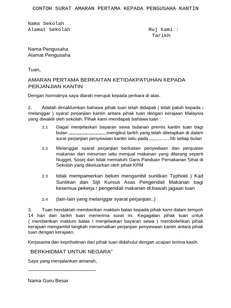 Contoh Surat Amaran Pertama Kepada Pengusaha Kantin | PDF