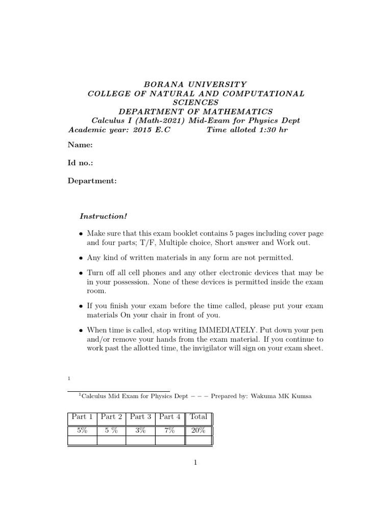 Calculus Mid Exam (For Phy Dept) | PDF | Mathematics