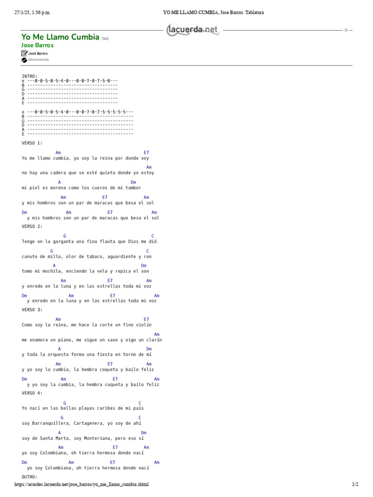 YO ME LLAMO CUMBIA, Jose Barros - Tablatura | PDF
