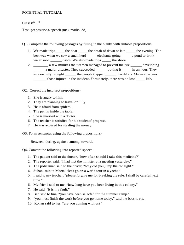 Prepositions and Reported Speech Test | PDF