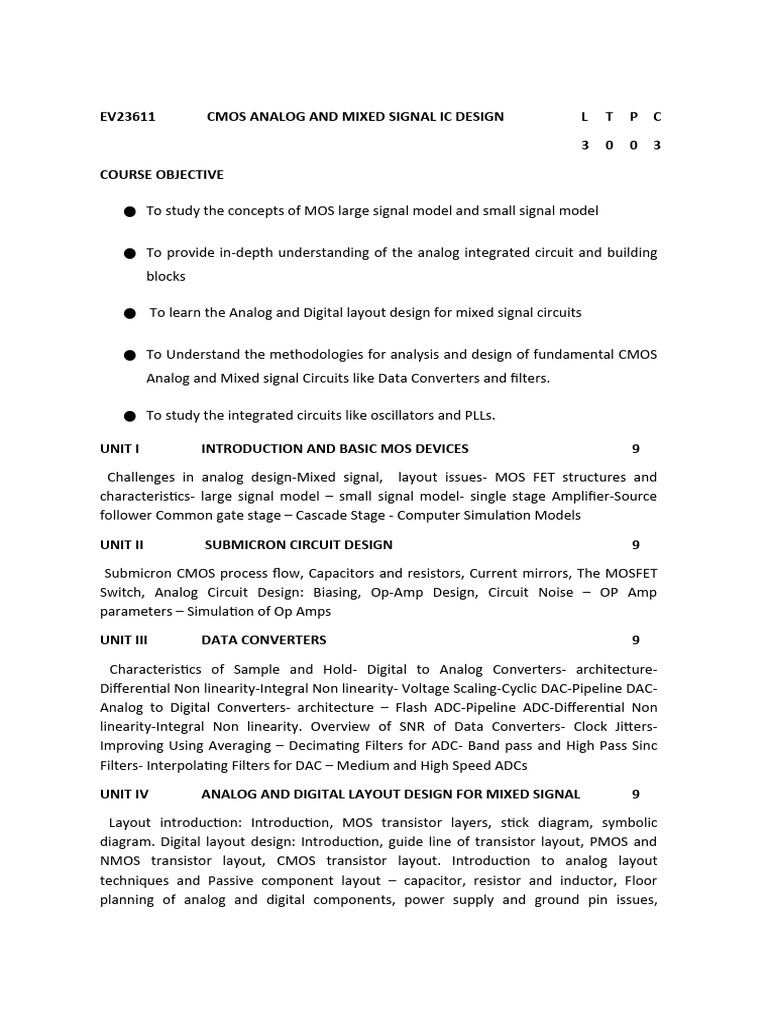 (Syllabus) CMOS Analog and Mixed Signal IC Design - COTable - Lab | PDF ...