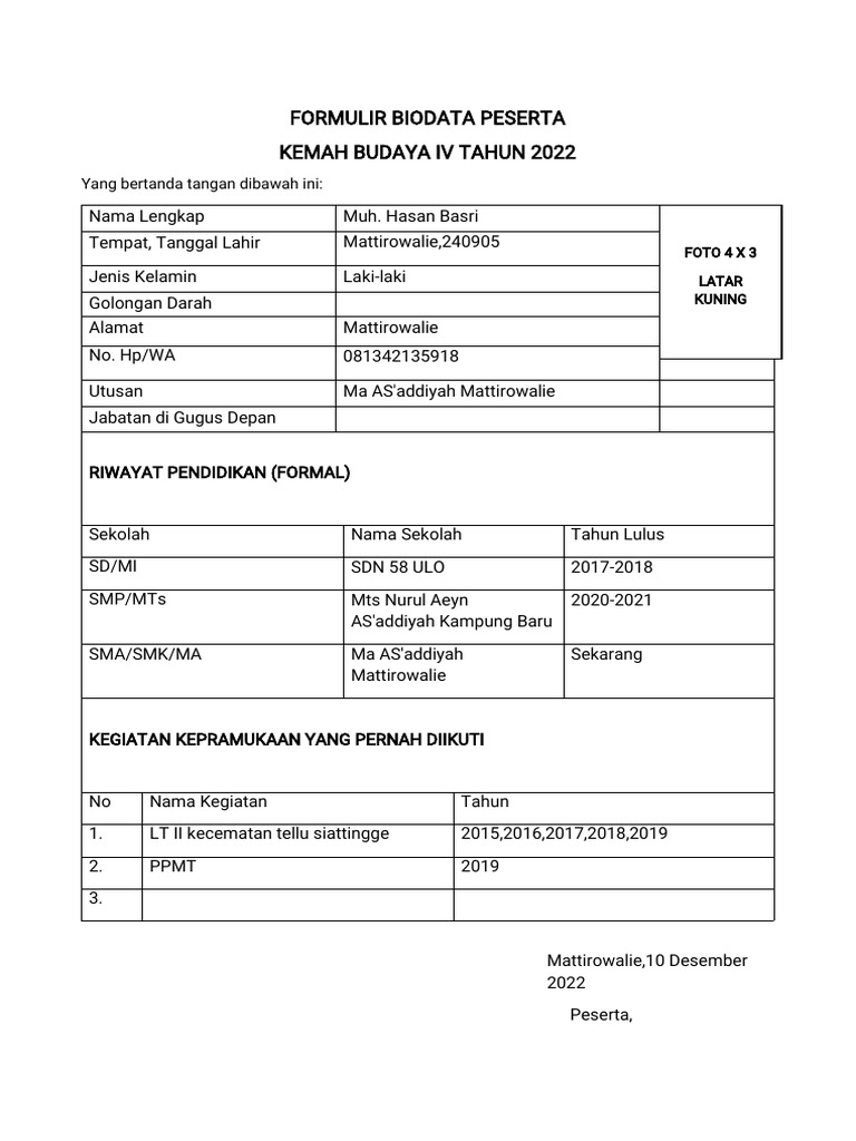 FORMULIR BIODATA PESERTA | PDF