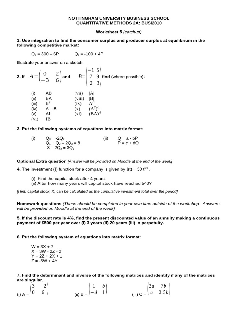 Worksheet 5 Catchup 2022-23 | PDF | Applied Mathematics | Matrix Theory
