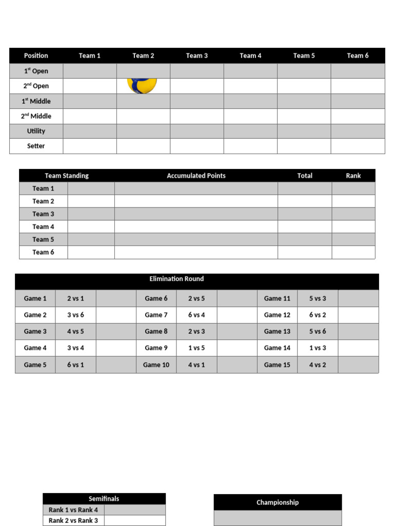 Volleyball Tournament: Position Team 1 Team 2 Team 3 Team 4 Team 5 Team ...