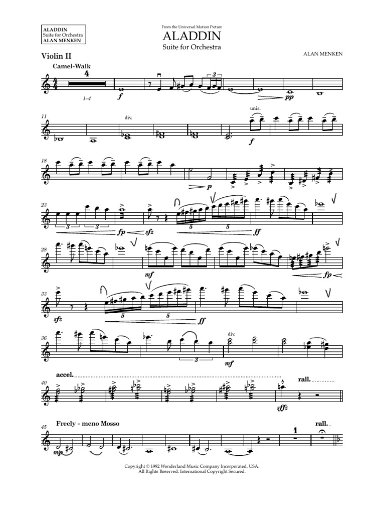 28 - Violín II - Aladdin Suite, Alan Menken 2 | PDF | Chordophones | Orchestras