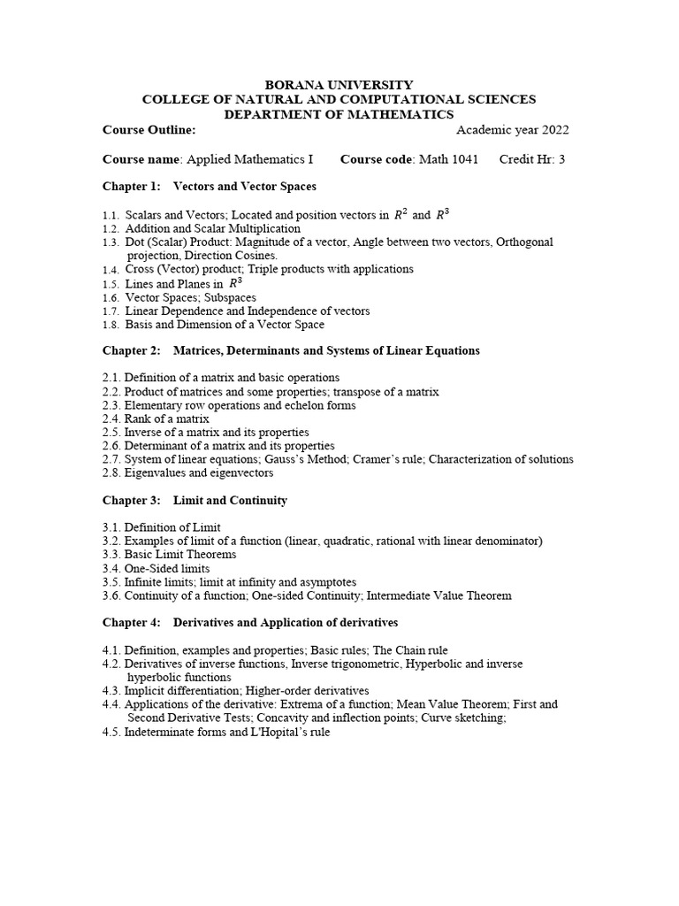 Course Outline Applied Math 1041 | PDF | Matrix (Mathematics) | Vector Space