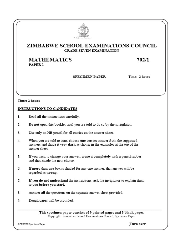 Maths Gr7 Paper 1 Specimen 2020 | PDF
