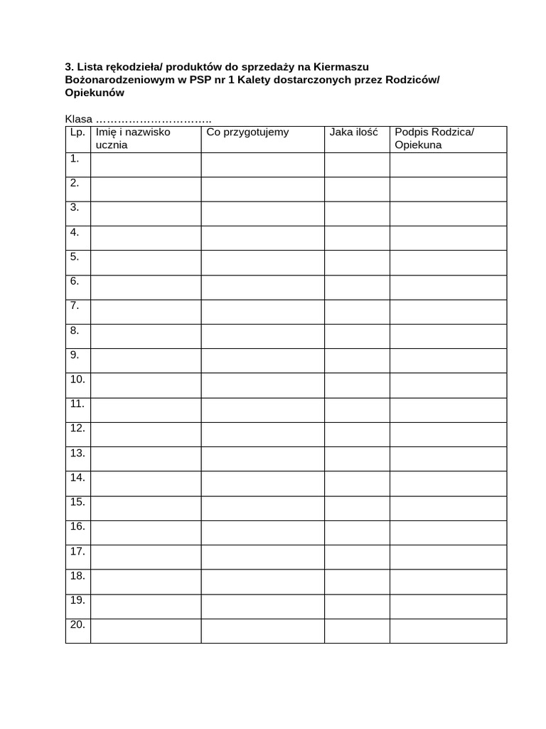 Lista Rękodzieła Produktów Do Sprzedaży Na Kiermaszu Bożonarodzeniowym w PSP Nr 1 Kalety ...