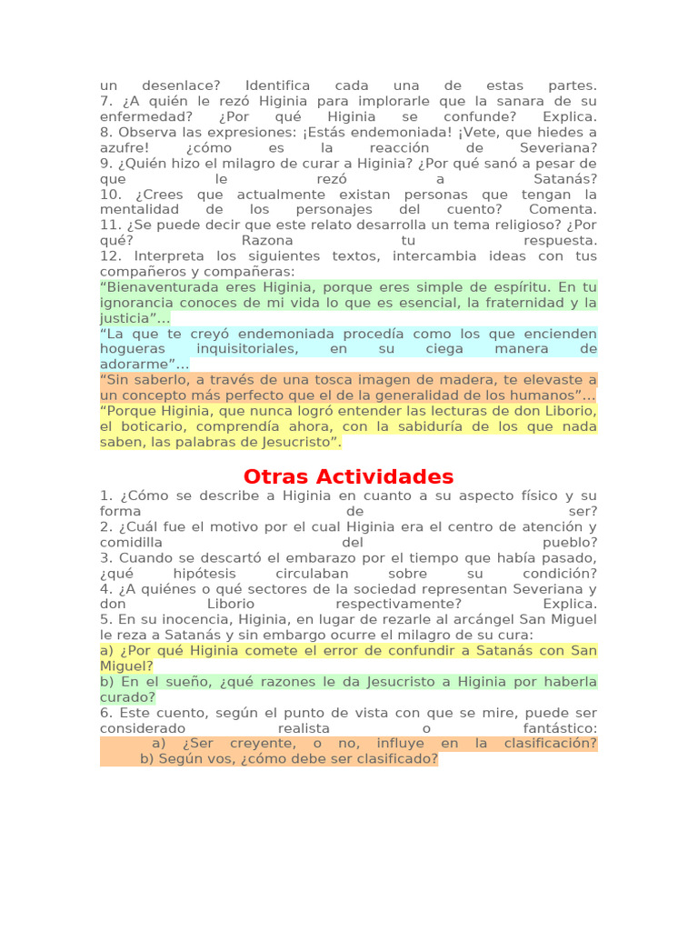 Análisis del cuento "Higinia" y sus temas | PDF