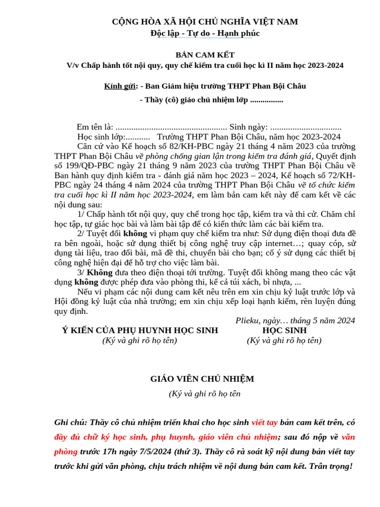 Ban cam ket khong vi pham quy che KT CUỐI KỲ II, NH 23-24 | PDF