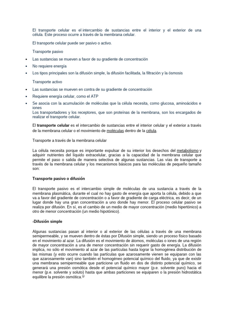 Transporte celular: pasivo y activo | PDF | Ósmosis | Difusión