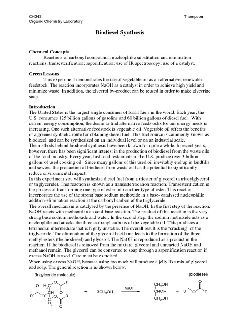 Biodiesel Synthesis: An Experiment in Green Chemistry | PDF | Biodiesel ...