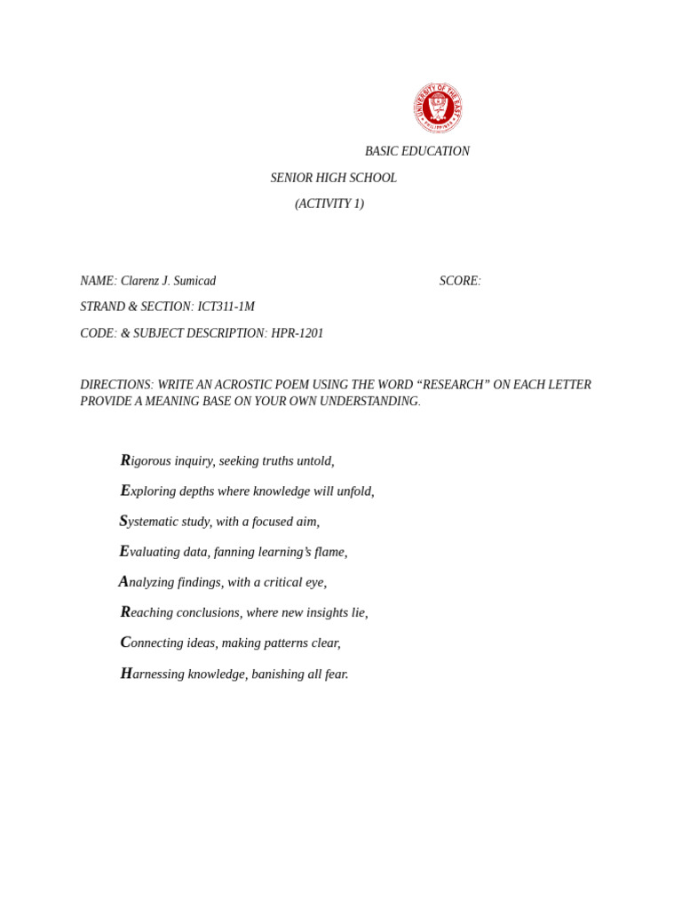 Acrostic Poem on Research Activity | PDF