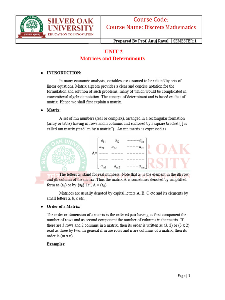 Unit-2 Matrix and Determinant | PDF | Matrix (Mathematics) | Determinant