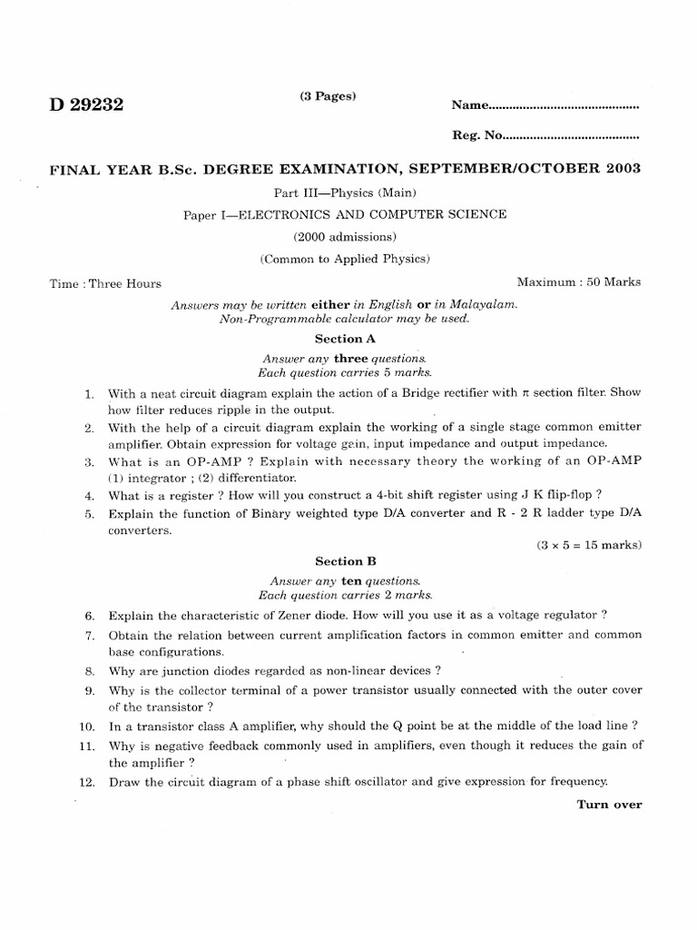 Final: Year B.Sc. Degree Examination, September/October | PDF ...