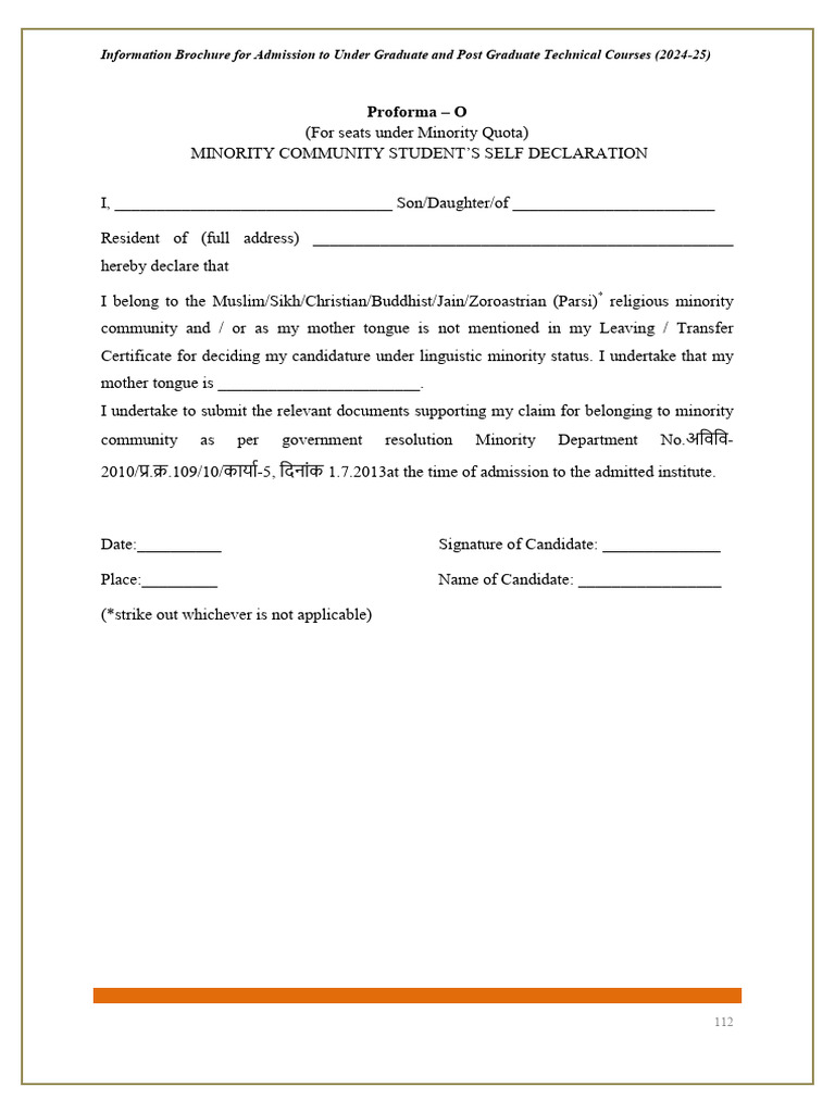 Minority Quota Admission Declaration Form | PDF | Languages Of India | South Asia