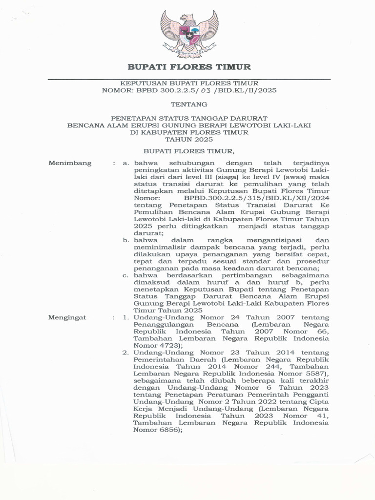 SK Penetapan Status Tanggap Darurat 13 Feb 2025 TTD Bupati | PDF