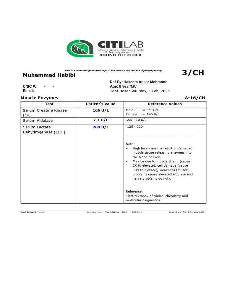 Muscle Enzyme Test Report Summary | PDF | Musculoskeletal System