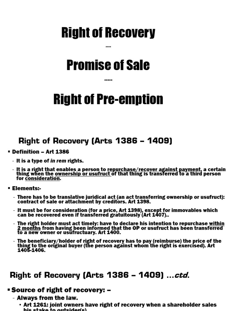 15.right of Recovery, Promise of Sale and Pre-Emption | PDF | Property ...