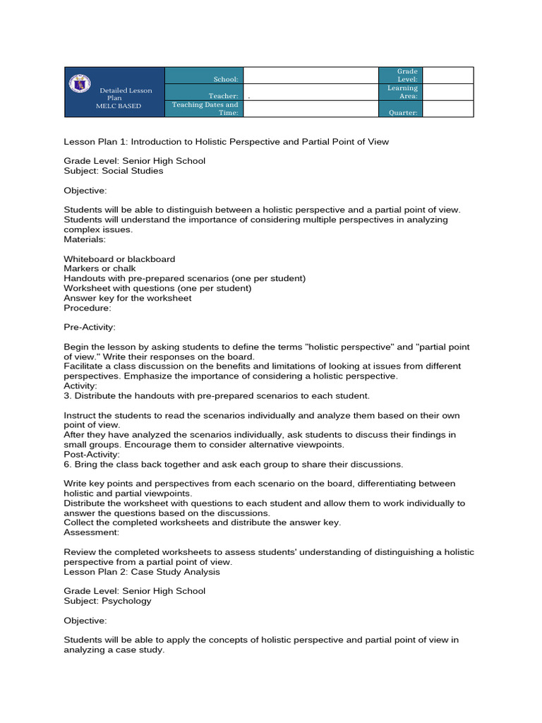 Holistic vs Partial Perspectives Lessons | PDF | Truth | Philosophical ...