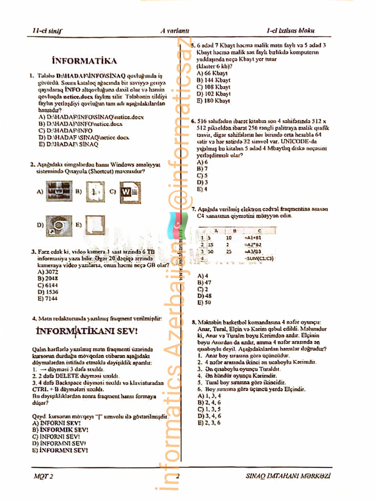 HƏDƏF 11 Sinif Informatika MQT 2 2025. | PDF