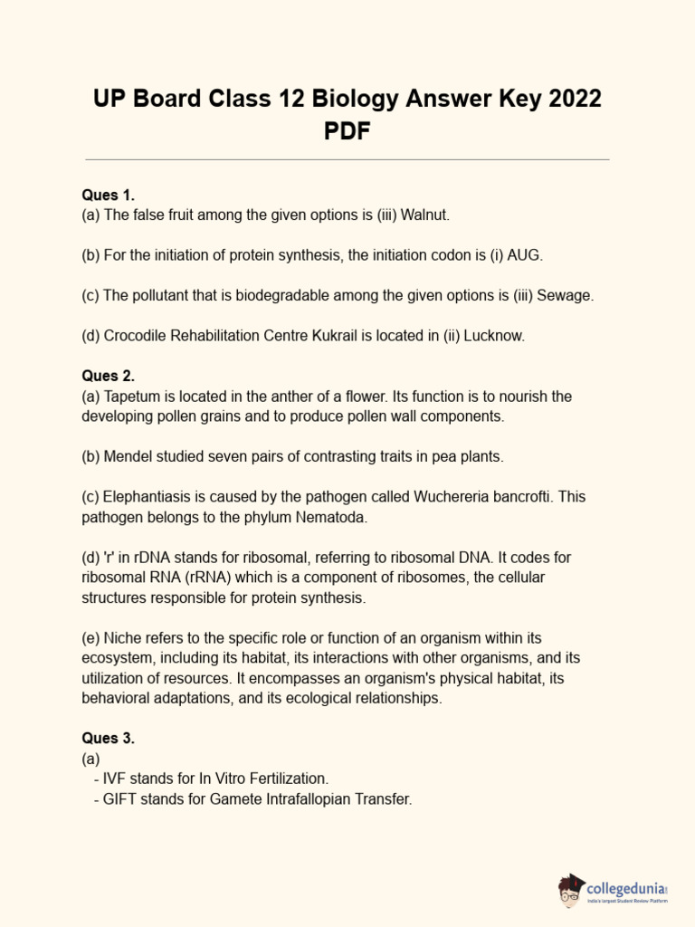 UP Board Class 12 Biology Answer Key 2022 PDF | PDF | Seed ...