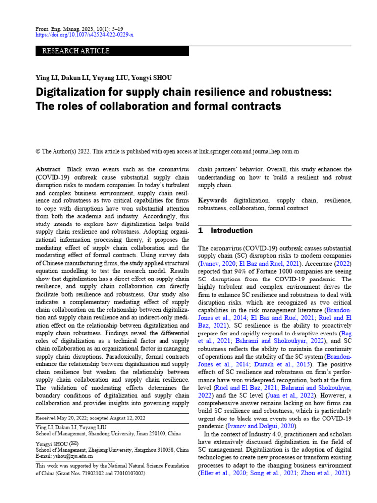 Digitalization For Supply Chain Resilience and Robustness: The Roles of Collaboration and Formal ...