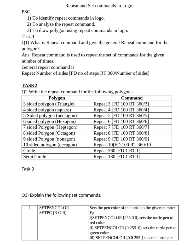 Repeat and Set Commands in Logo | PDF