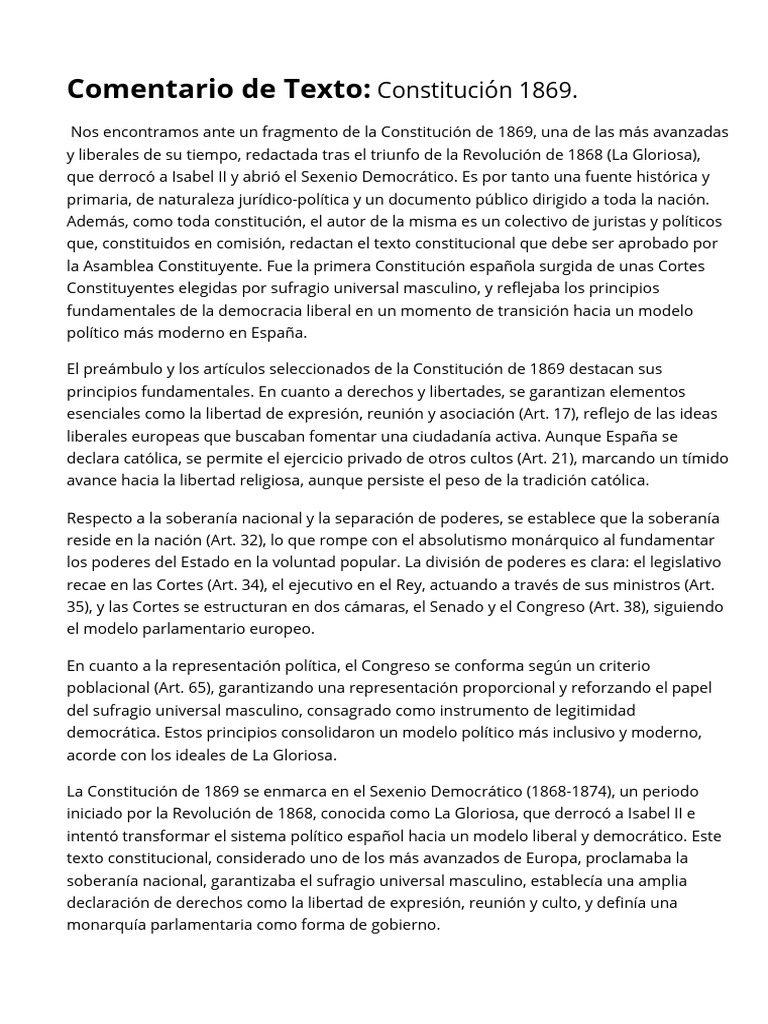 Comentario sobre la Constitución de 1869 | PDF | Constitución | Formas ...