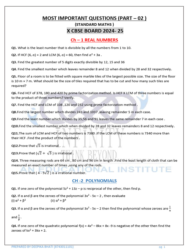 Important Maths Questions for CBSE 2024-25 | PDF | Circle | Elementary Geometry