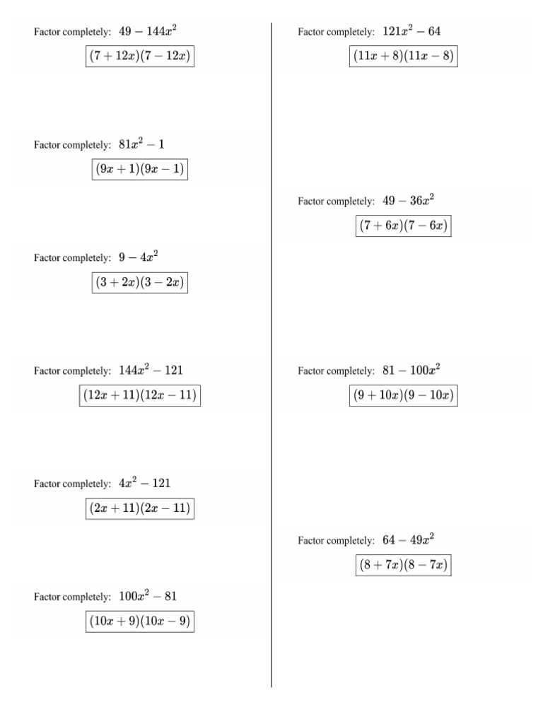 Factoring Review Diff. of Sq. 3-3 Activity 2 - V2 - KEY | PDF