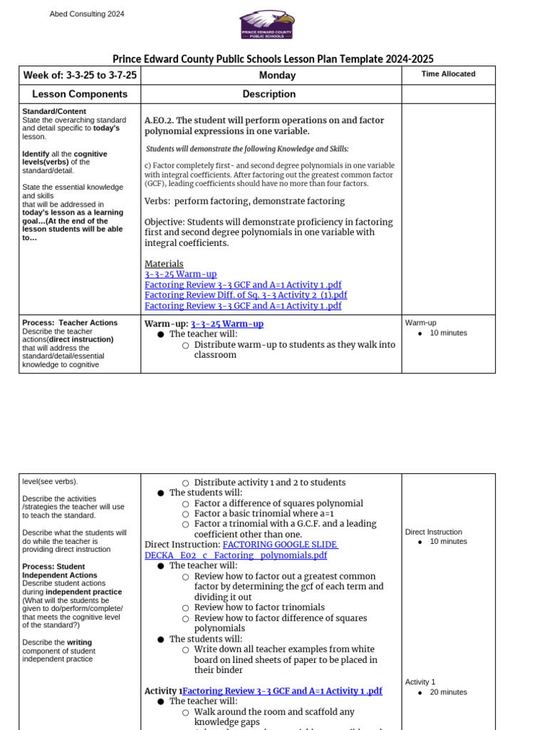 Eberly Algebra 1 Week 29 Lesson Plans | PDF | Factorization | Polynomial