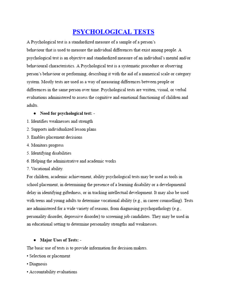 Overview of Psychological Tests | PDF | Wechsler Adult Intelligence ...