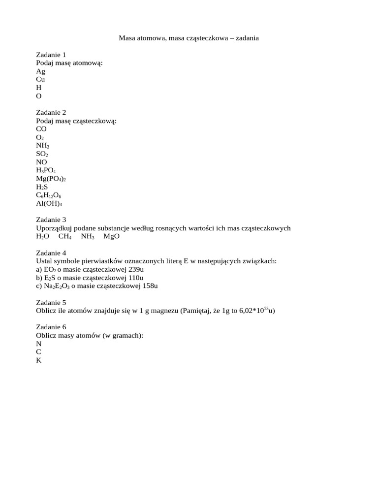 Masa Atomowa, Masa Cząsteczkowa - Zadania Kl.7 | PDF