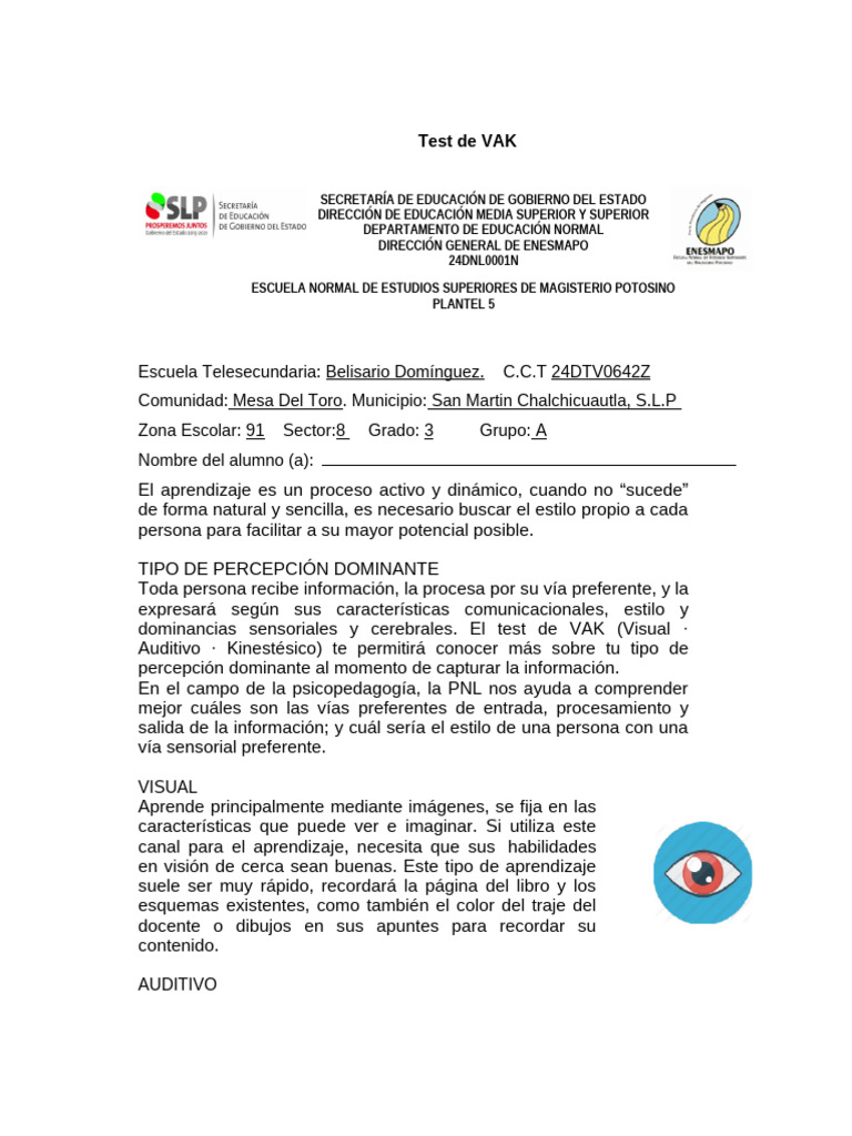 Test de VAK | PDF | Aprendizaje | Percepción visual