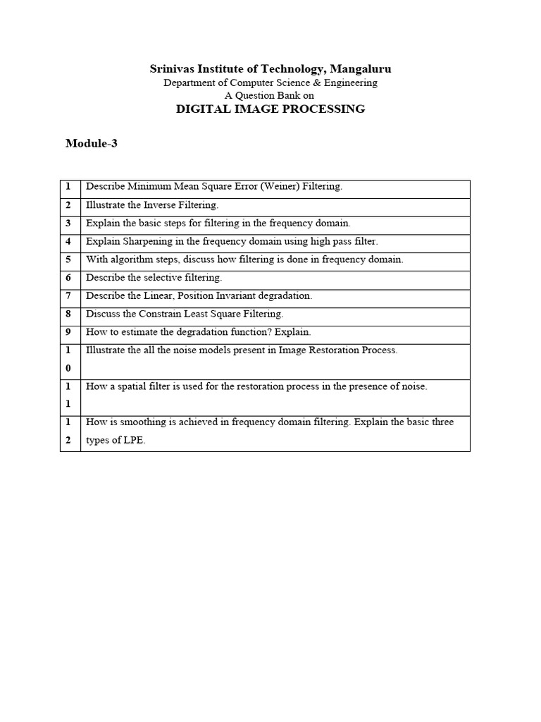 Digital Image Processing Question Bank | PDF