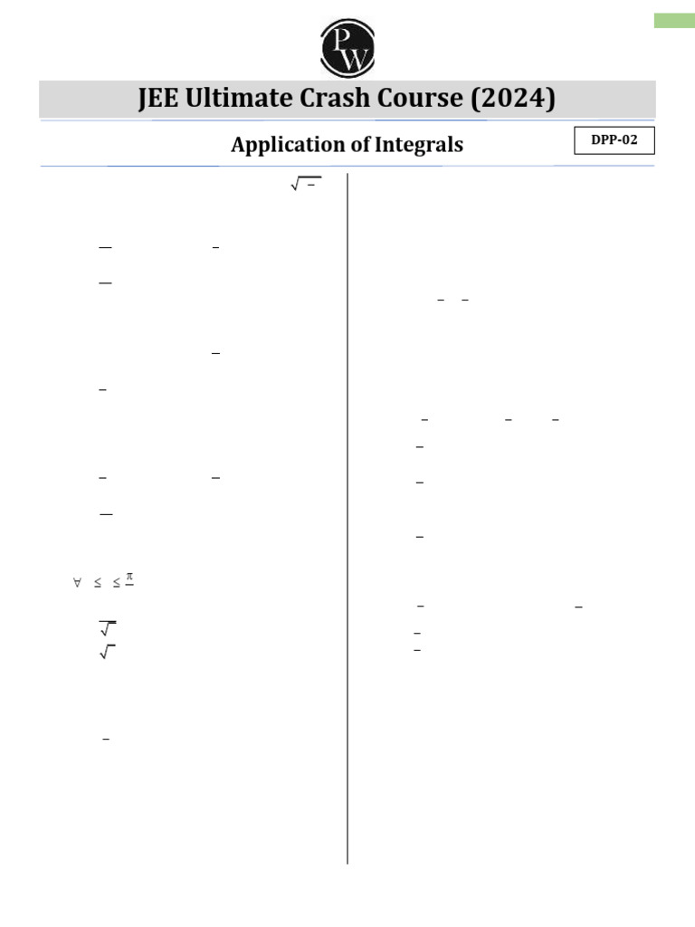 Application of Integrals - DPP 02 - JEE Ultimate Crash Course 2024 | PDF | Mathematical Analysis ...
